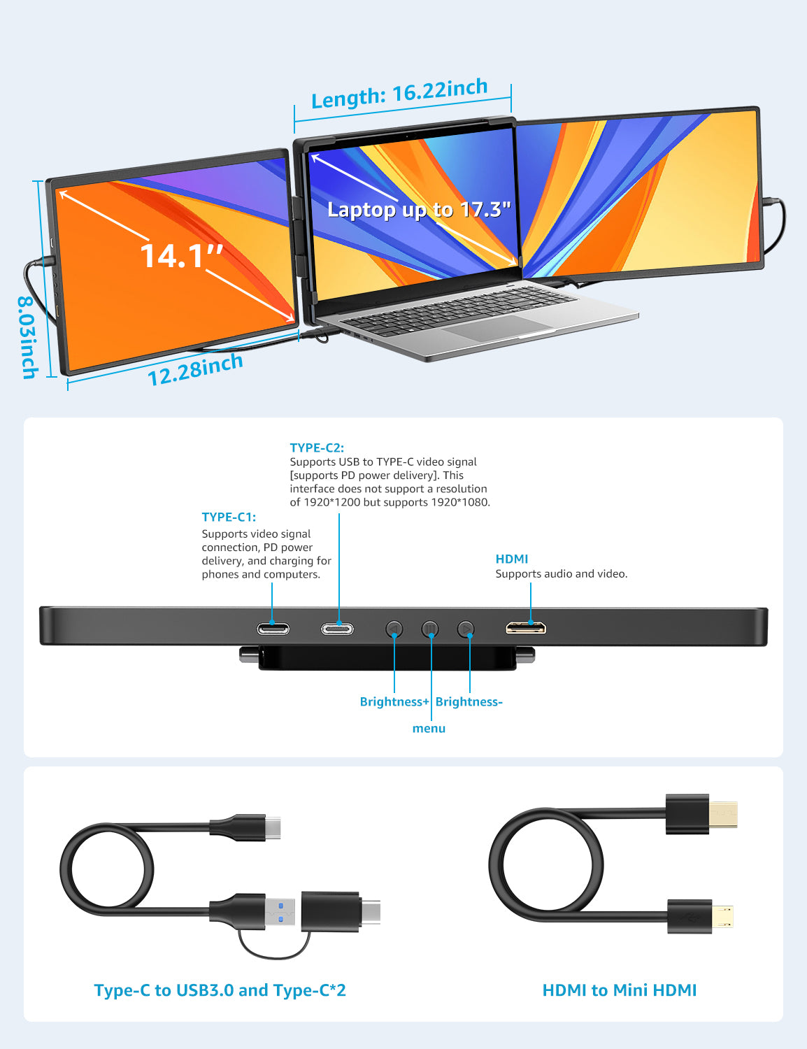 14.1 Inch 1920*1200 60Hz FHD Triple Portable Monitor For Laptop – Dopesplay